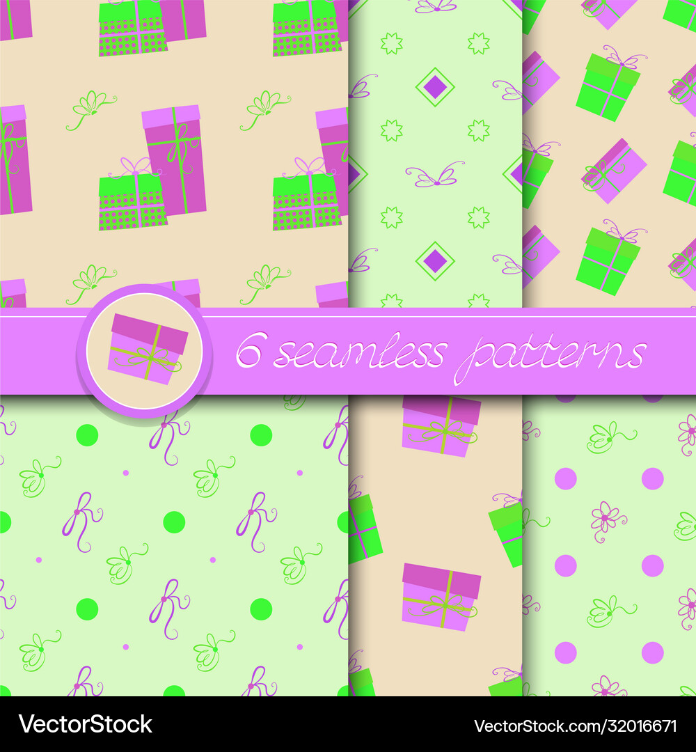 Set six seamless patterns with gift boxes Vector Image