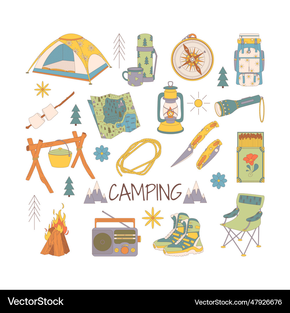 Camping and hiking set drawn elements tent Vector Image