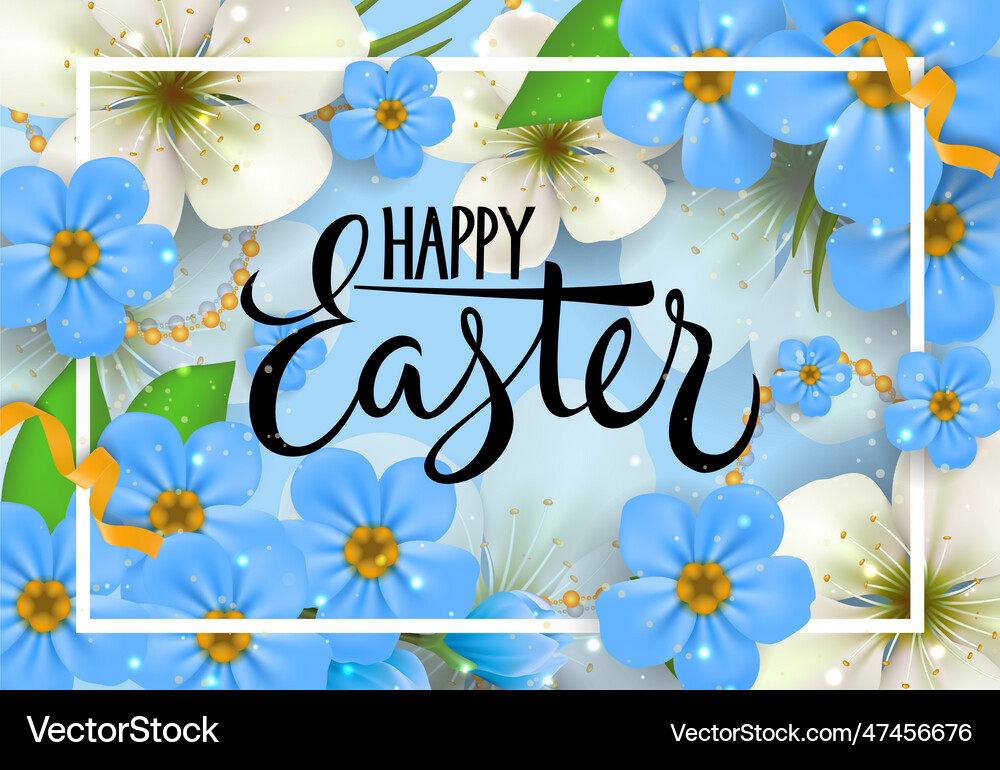 Easter festive lettering with blue flowers Vector Image