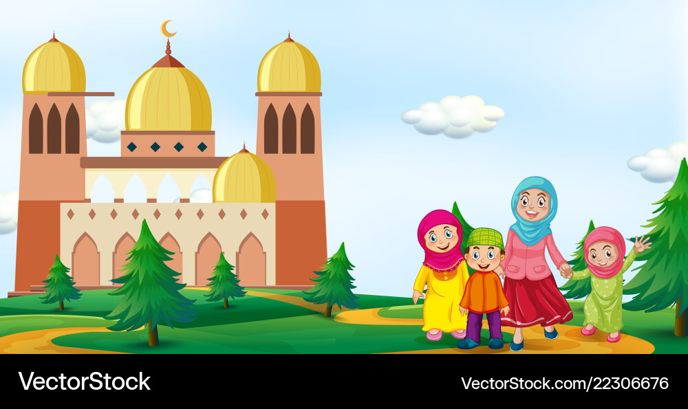 Muslim family in front mosque Royalty Free Vector Image