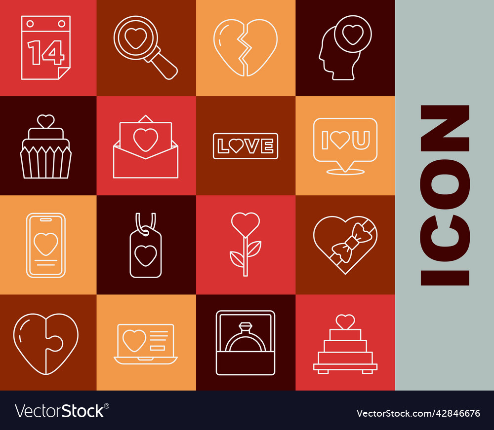 Set Line Wedding Cake With Heart Candy Shaped Box Vector Image