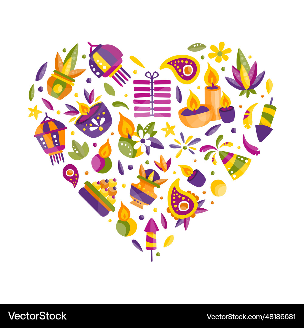 Happy diwali bright heart shaped composition Vector Image