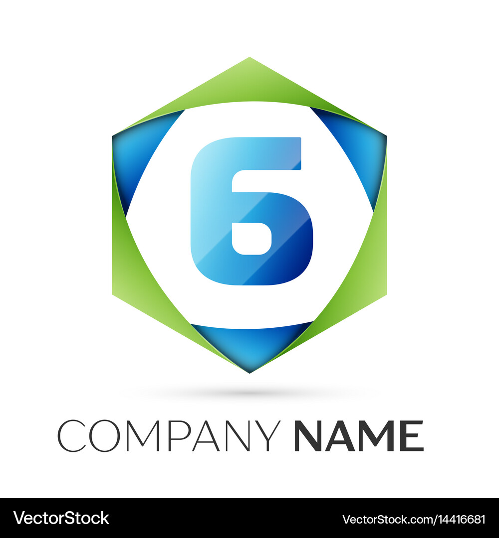 Number six symbol in colorful hexagonal Royalty Free Vector
