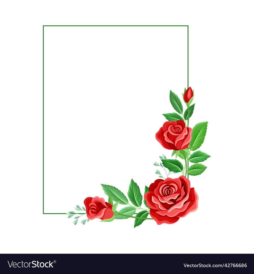 Rectangular rose frame with red lush bud and green
