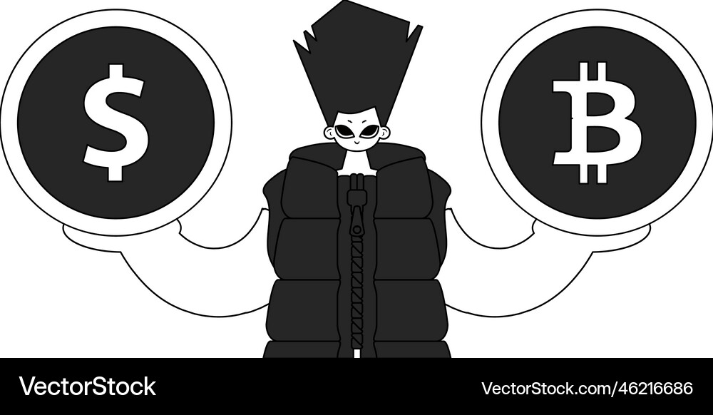 Unique man holding bitcoin and dollar coin Vector Image