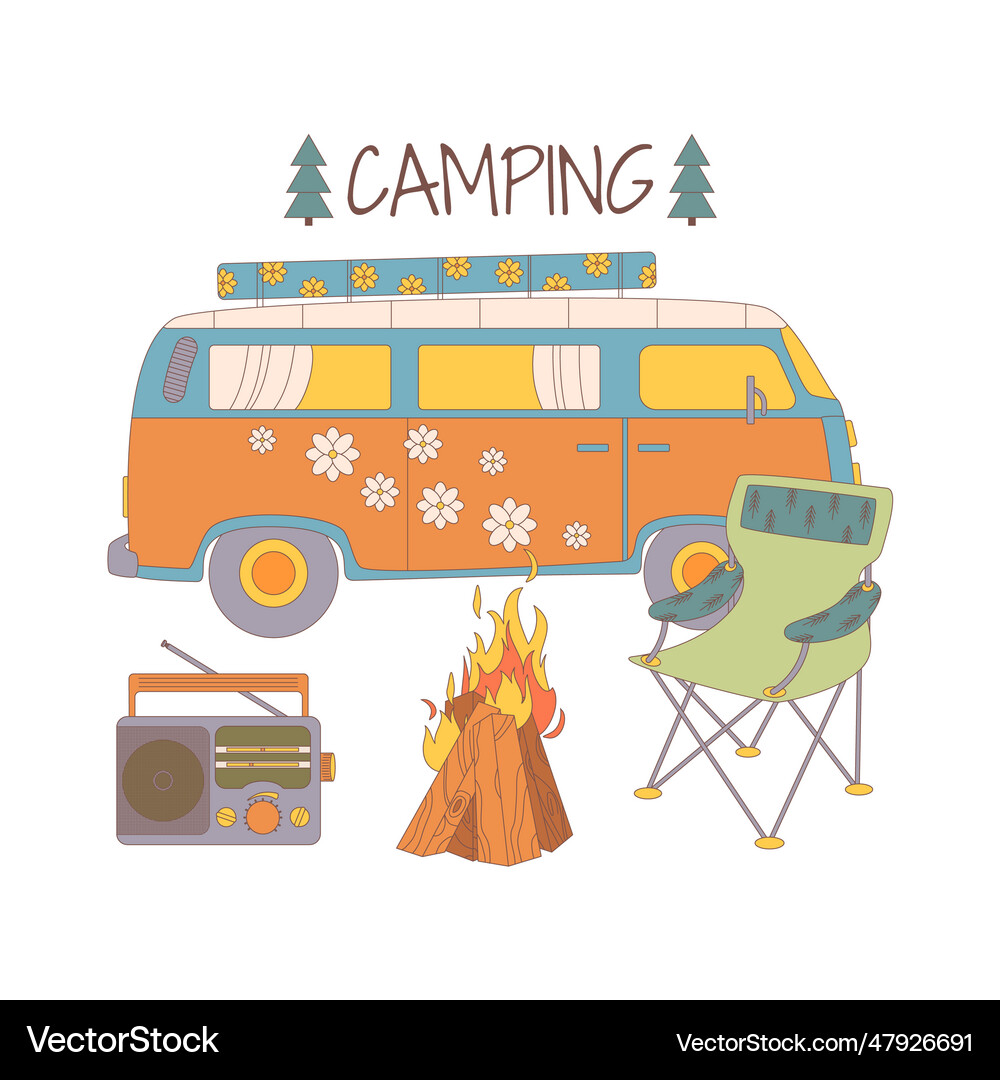 Bonfire chair van radio drawn elements Royalty Free Vector