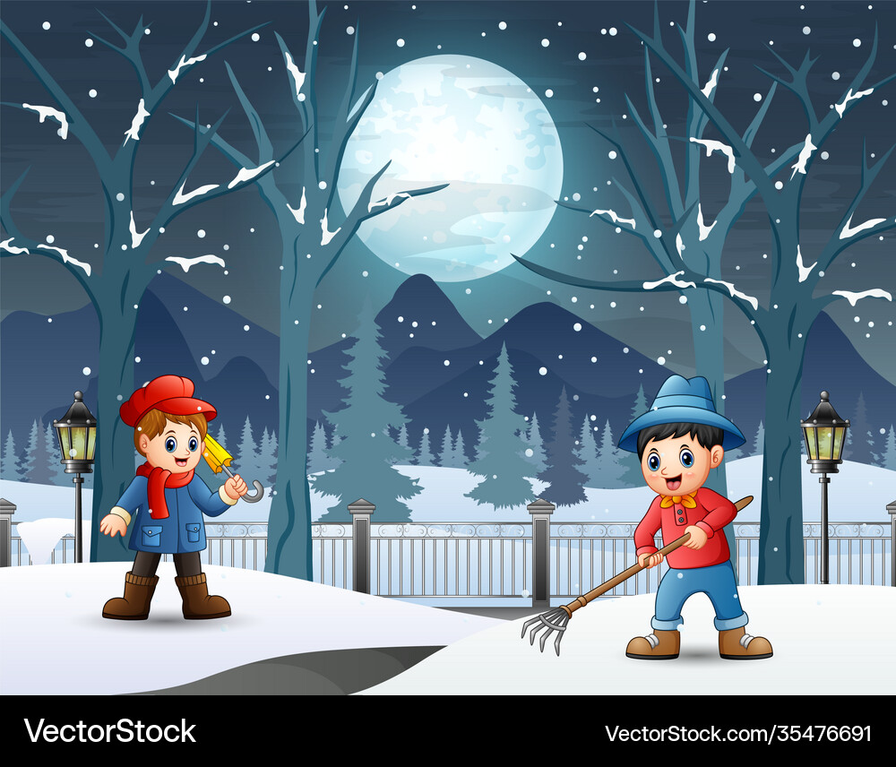 Cartoon boy removing snow on road Royalty Free Vector Image
