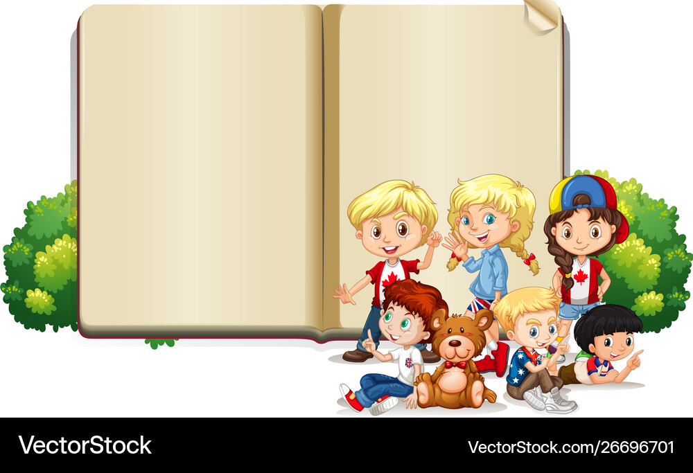 Blank sign template with kids and teddy bear Vector Image