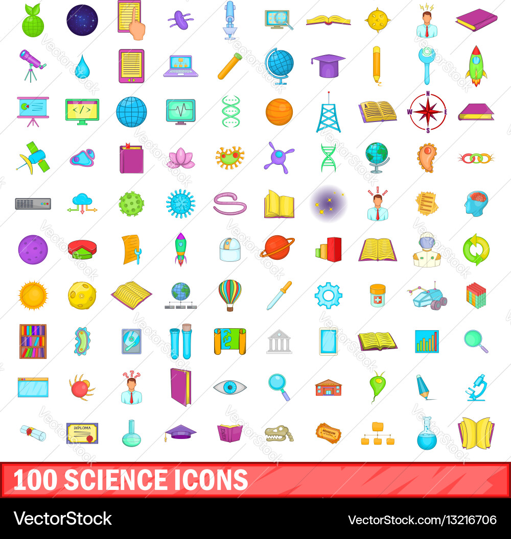100 science icons set cartoon style Royalty Free Vector