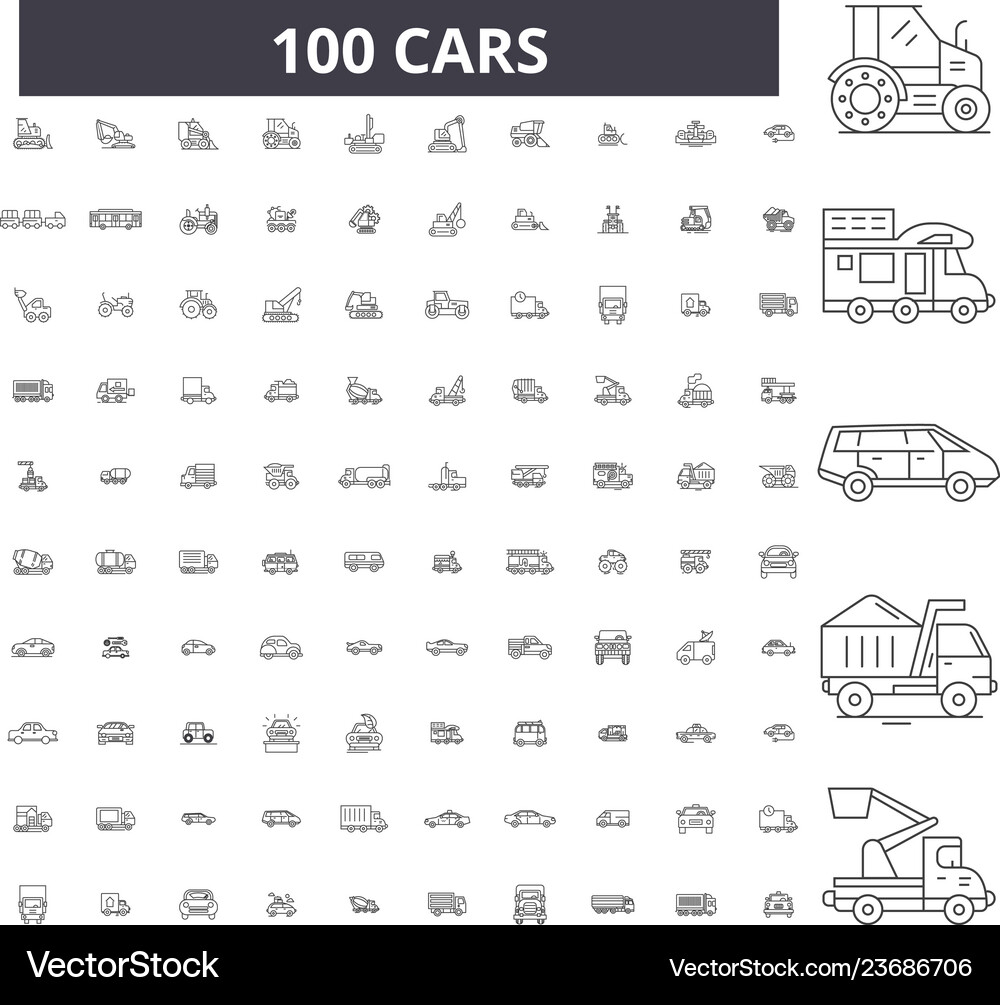 Cars editable line icons 100 set Royalty Free Vector Image