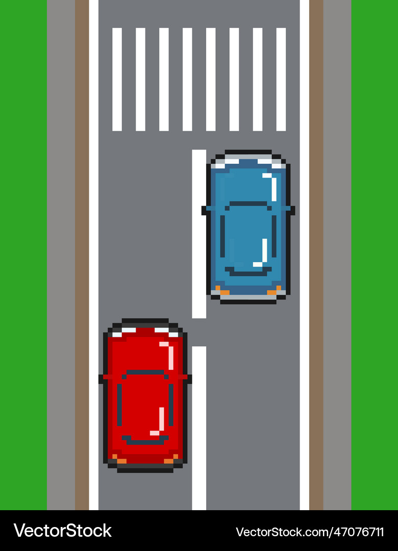 8 bit pixel vertical road with two cars Royalty Free Vector