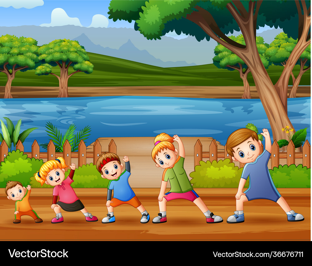 Happy family doing exercise in riverside Vector Image