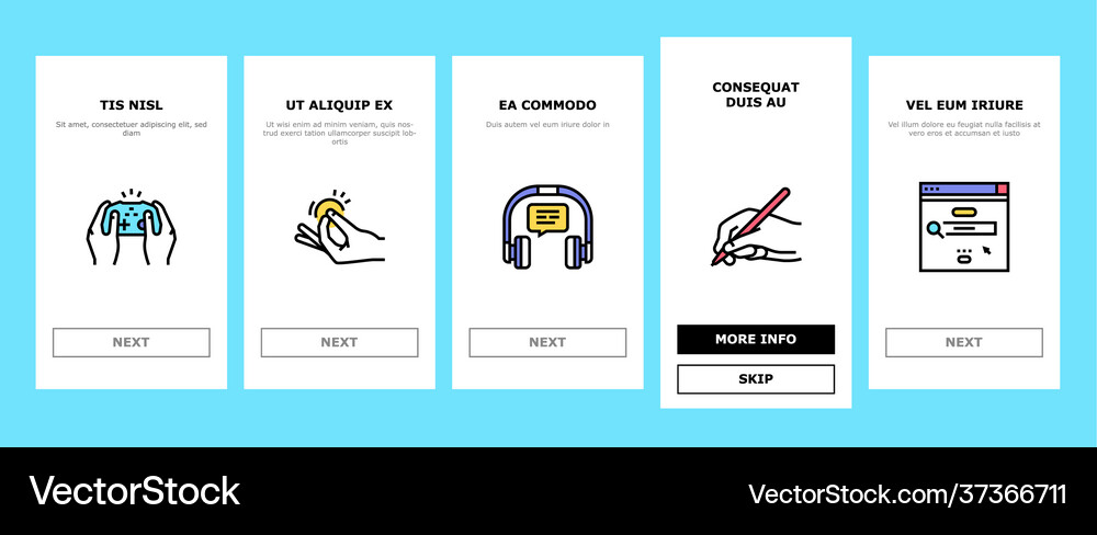 Hobby leisure time onboarding icons set Royalty Free Vector