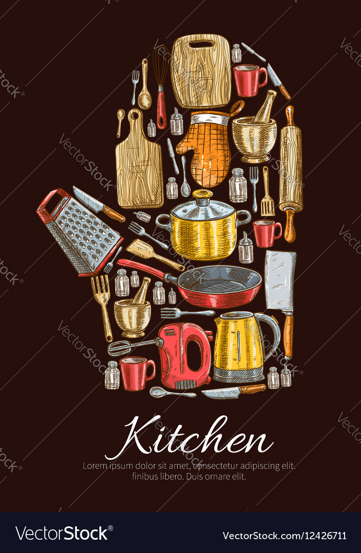 Kitchenware and dishware poster Royalty Free Vector Image