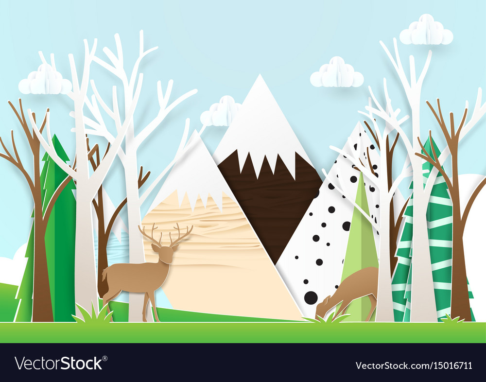 Paper art deer in forest with mountain background Vector Image