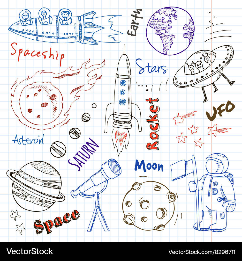 Space hand drawn doodles stars planet and Vector Image