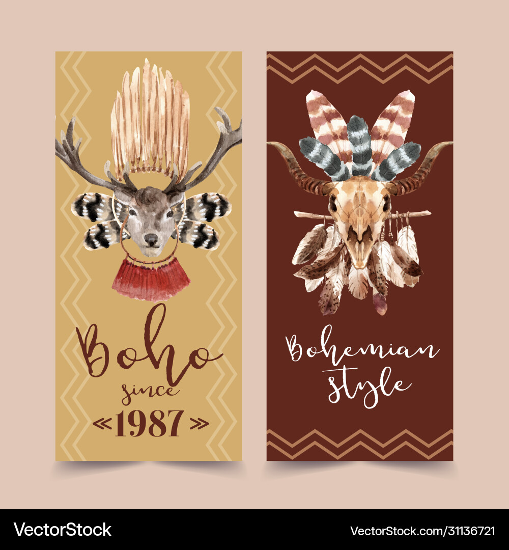Bohemian flyer design with cow skull deer feather Vector Image