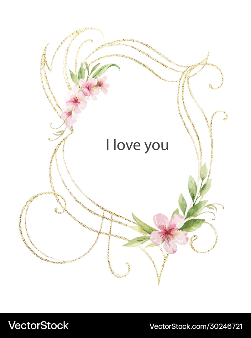 Gold frame with watercolor flowers and Royalty Free Vector