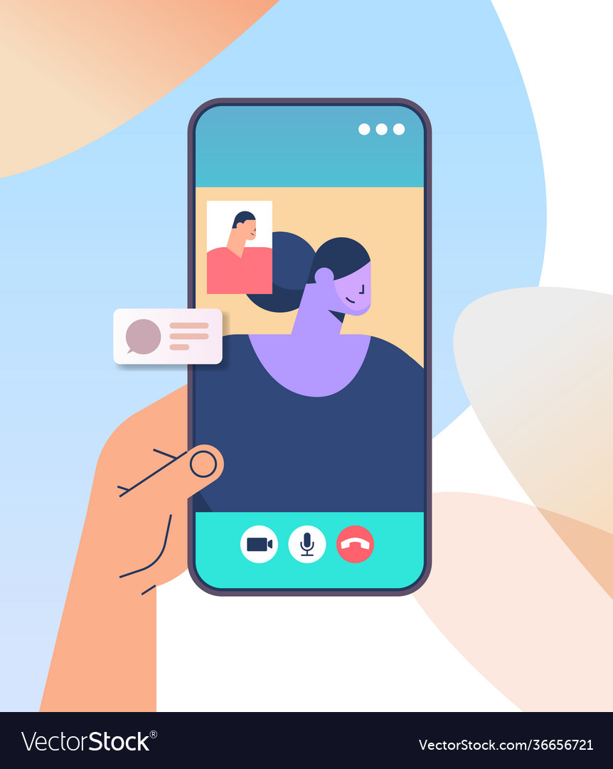 Hand using mobile app for virtual conference Vector Image