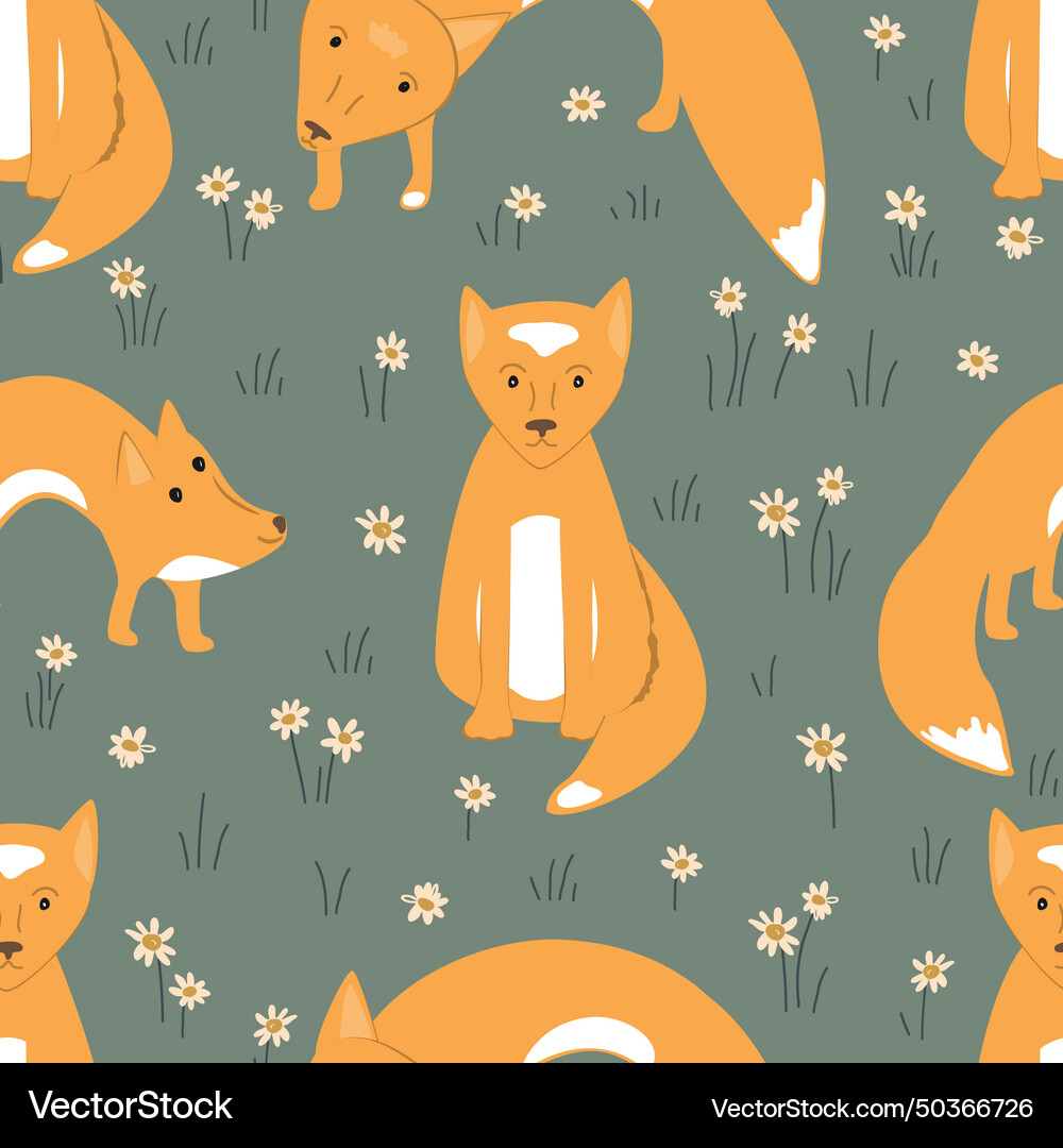Fox baby animal and flowers seamless pattern Vector Image