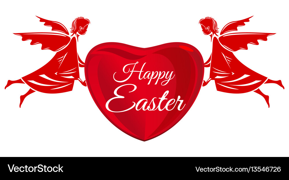 Happy easter angels big red heart with greeting Vector Image