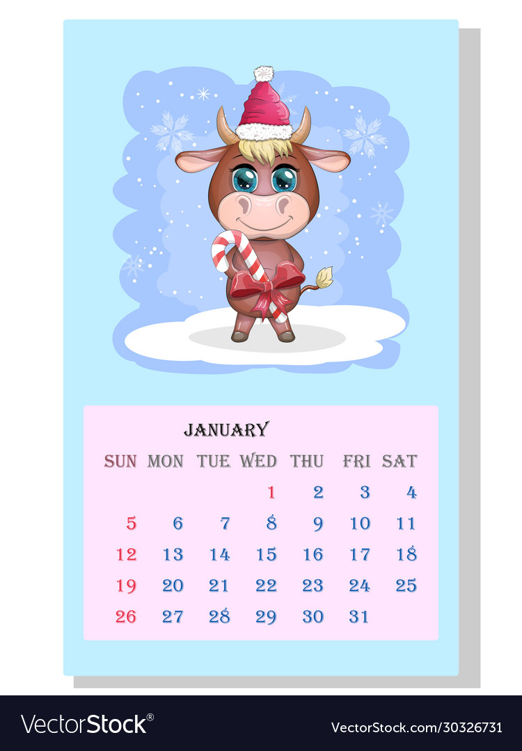 Calendar 2021 cute bull and cow for every month Vector Image