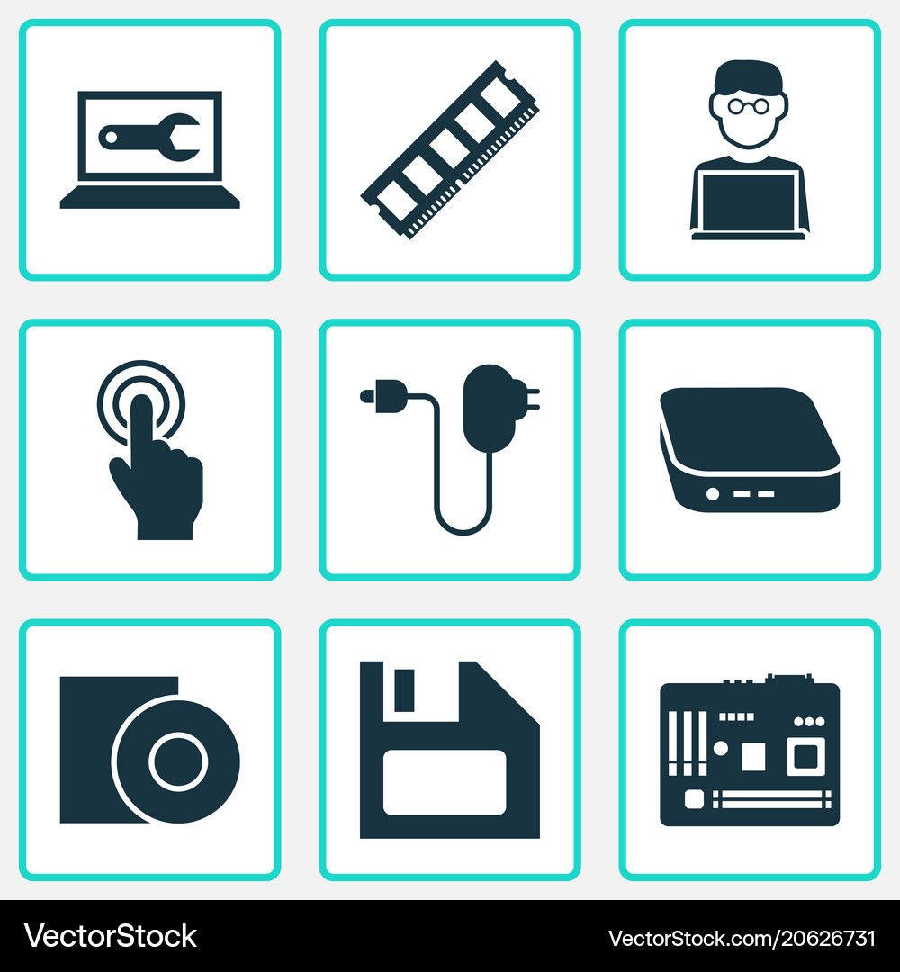 Digital icons set with man laptop floppy Vector Image