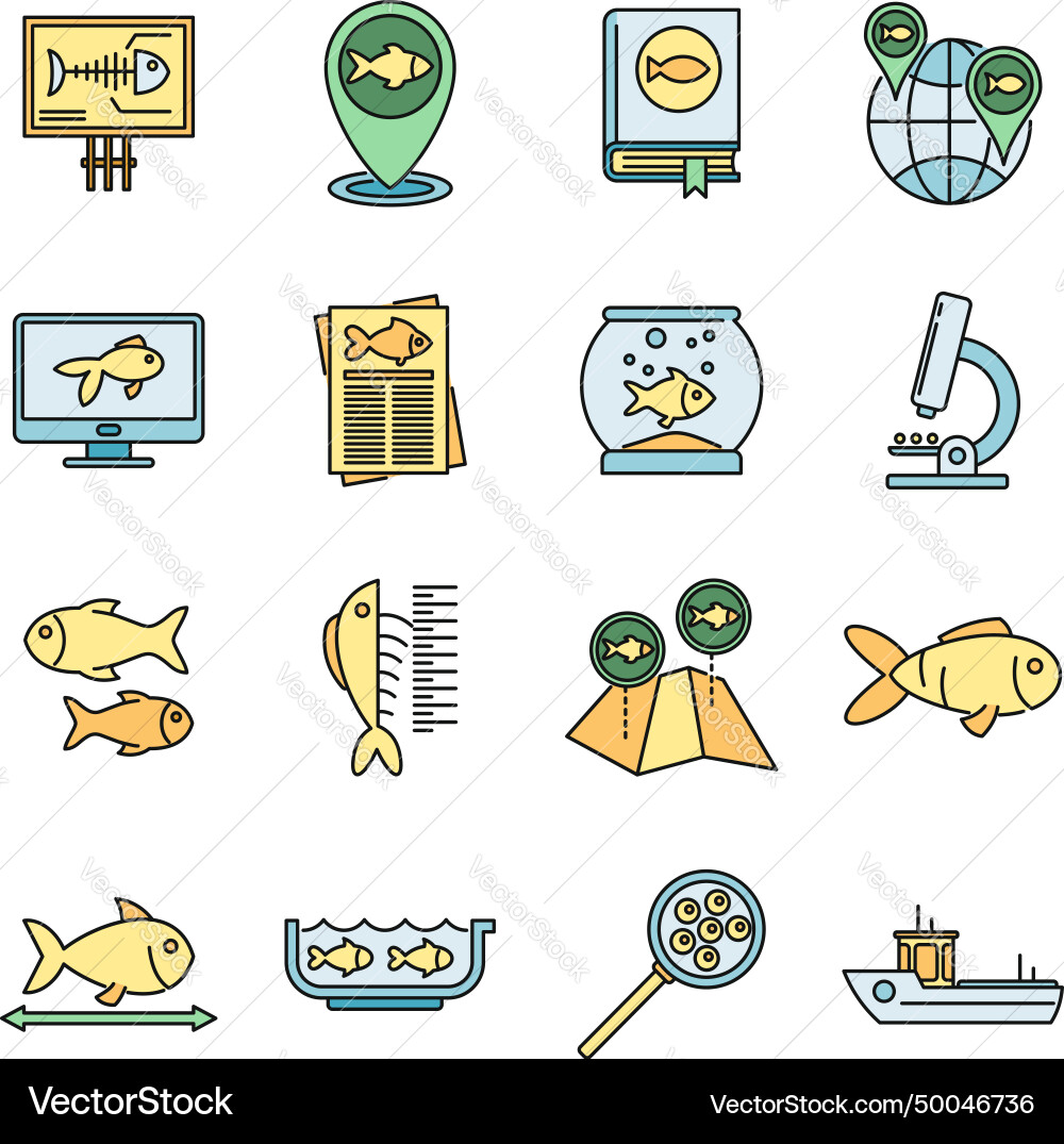 Ichthyology fish icons set color line Royalty Free Vector