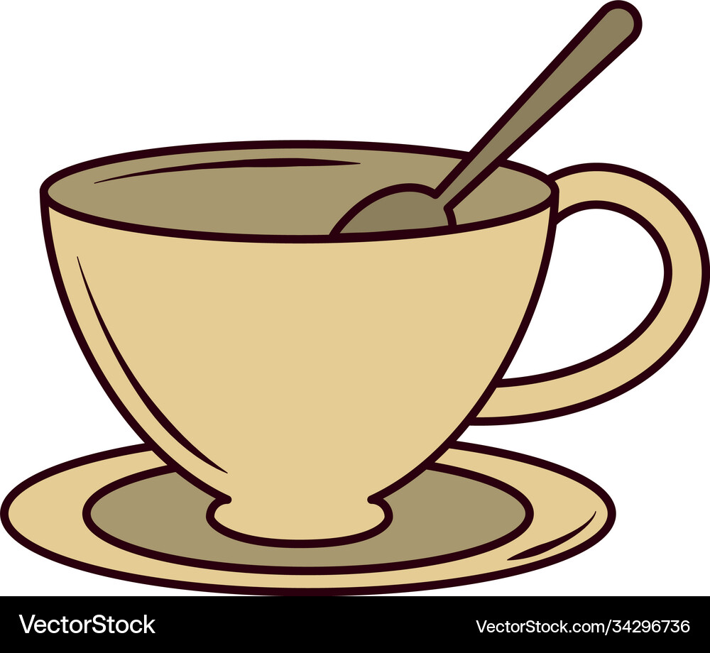 Tea cup with spoon on saucer line and fill Vector Image
