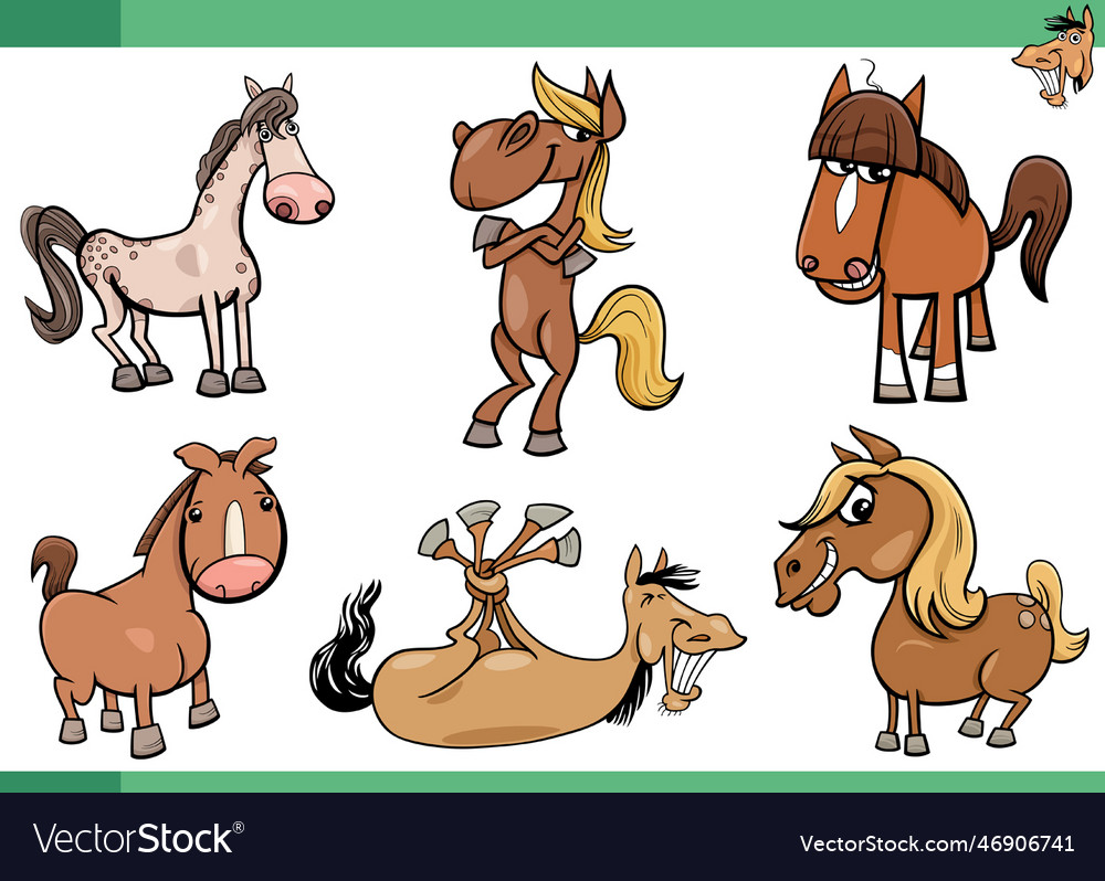 Cartoon horses farm animals comic characters set Vector Image