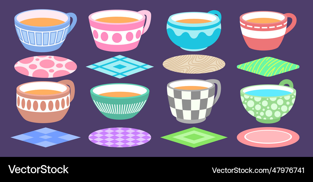 Set of different cups an coasters for them Vector Image