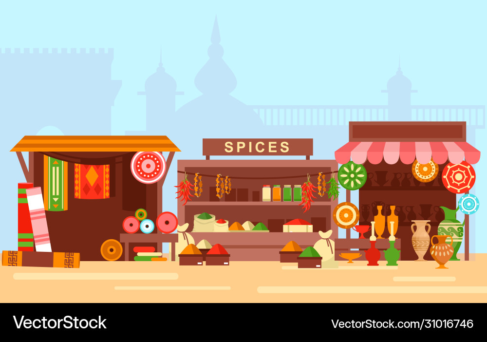 Asian market flat cartoon concept Royalty Free Vector Image