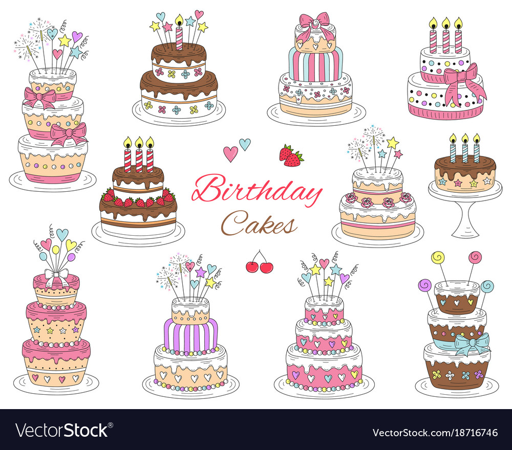 Birthday cakes set hand drawn colorful Royalty Free Vector