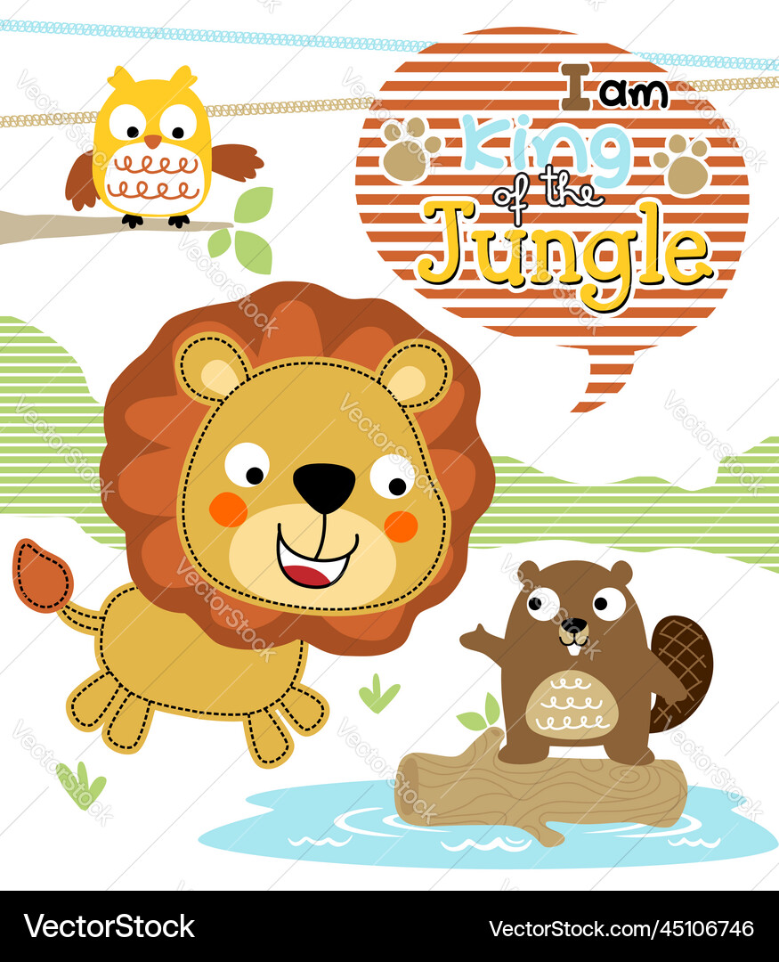 Lion cartoon with beaver standing on tree trunk Vector Image