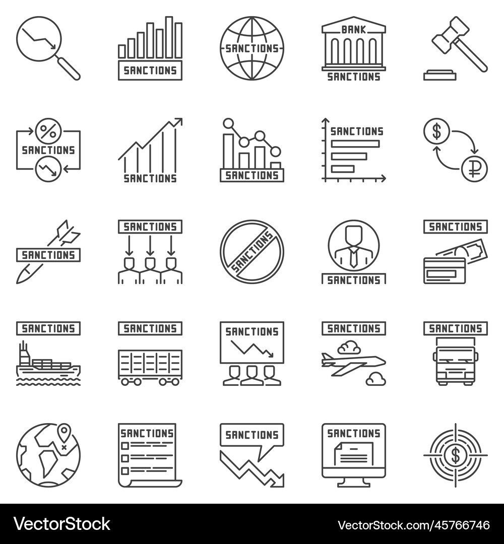 Sanctions outline icons set - financial penalties Vector Image