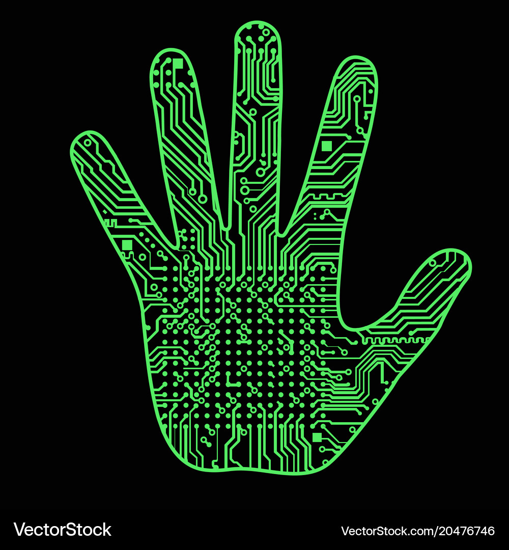 Silhouette of a man hand with a high-tech computer