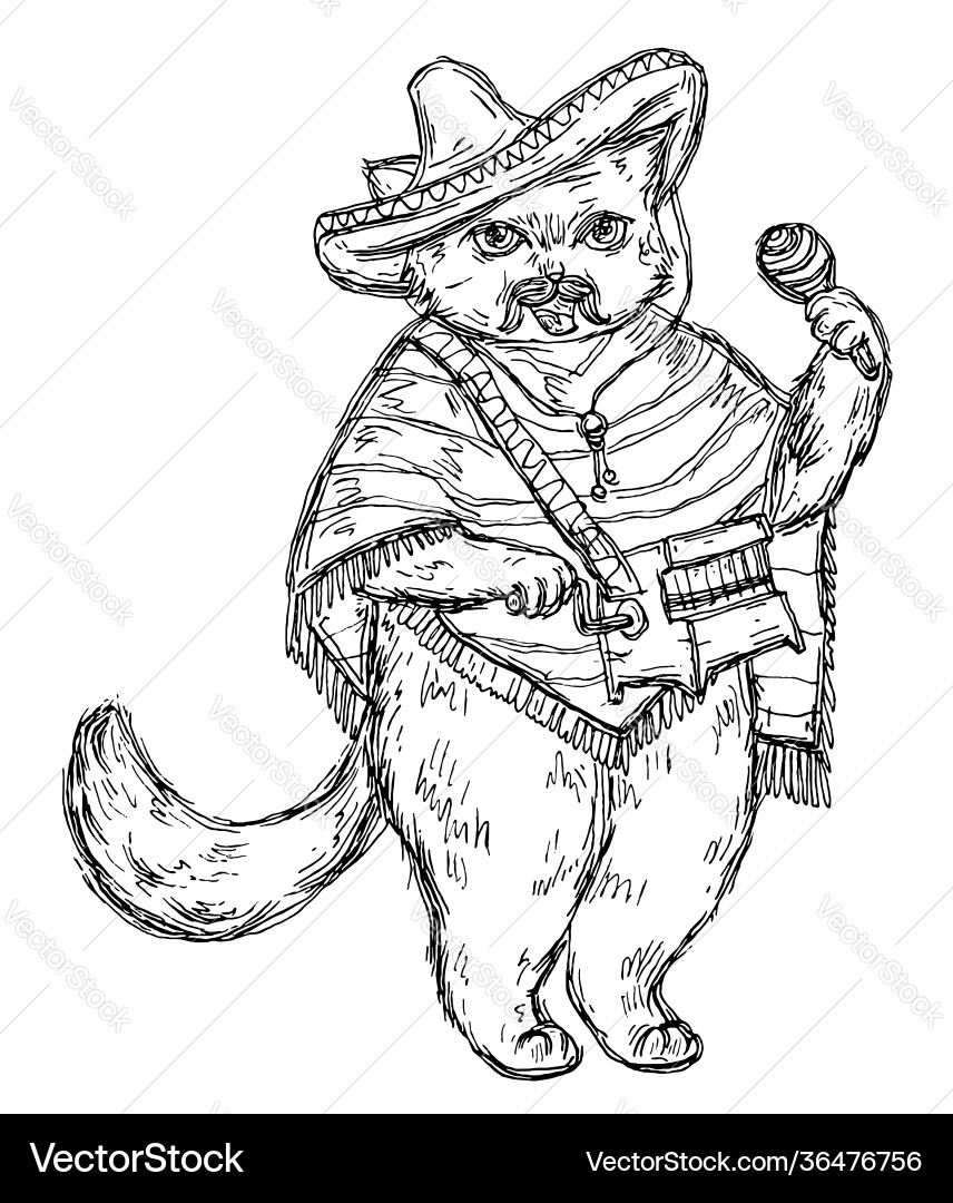 Cat holding a maraca and dressed in poncho Vector Image