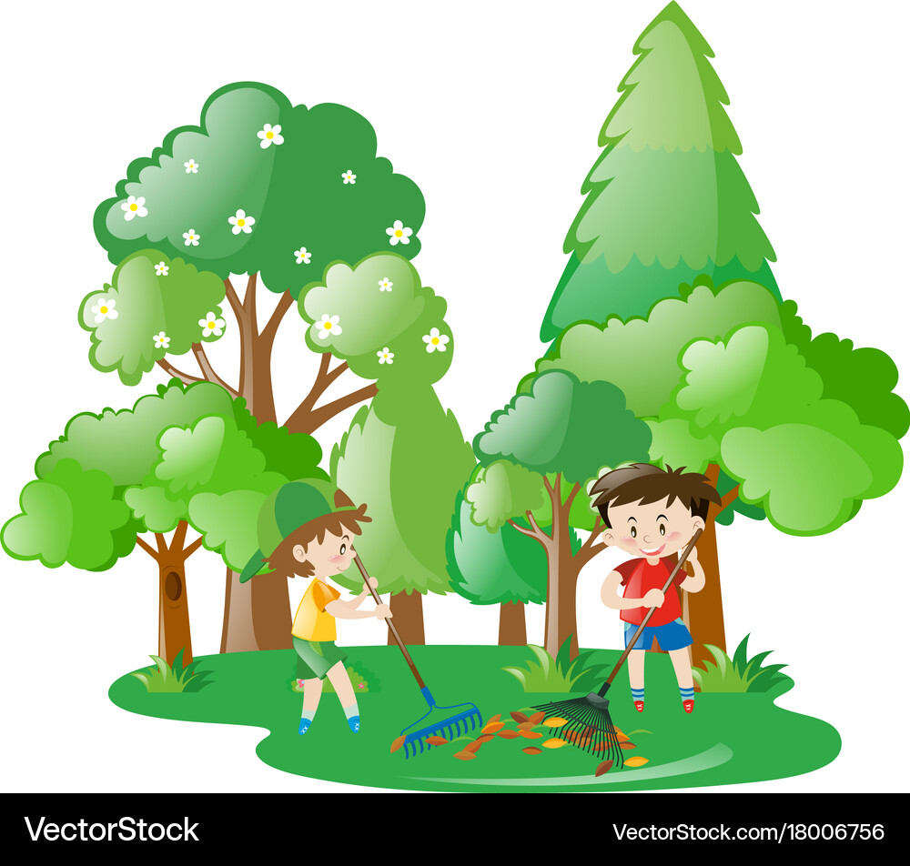 Two boys raking leaves in forest Royalty Free Vector Image