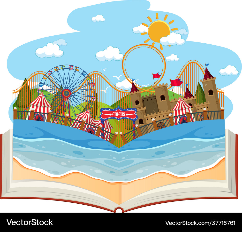 Open book with amusement park scene Royalty Free Vector