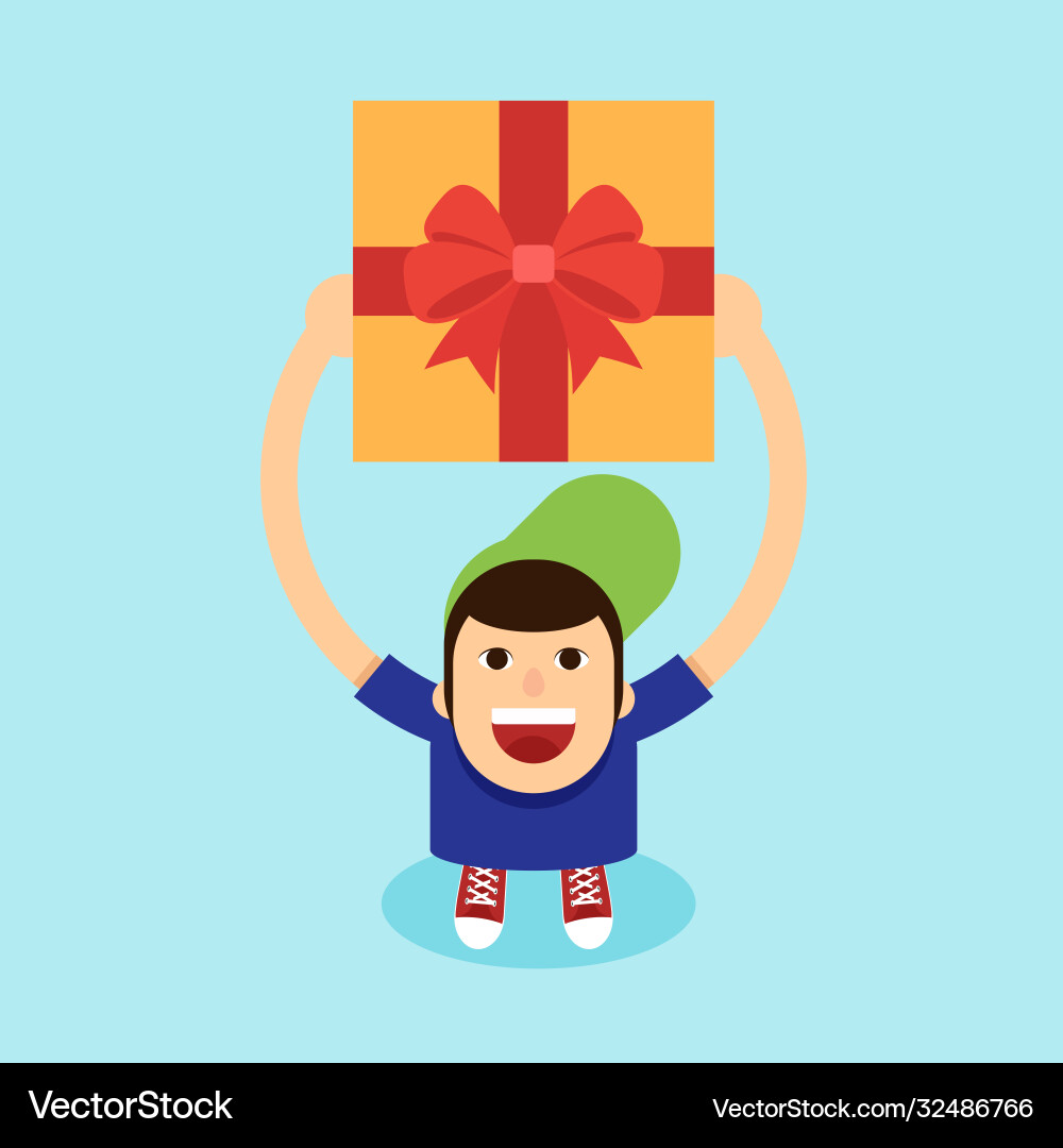 Young man raise gift box his hand above his Vector Image