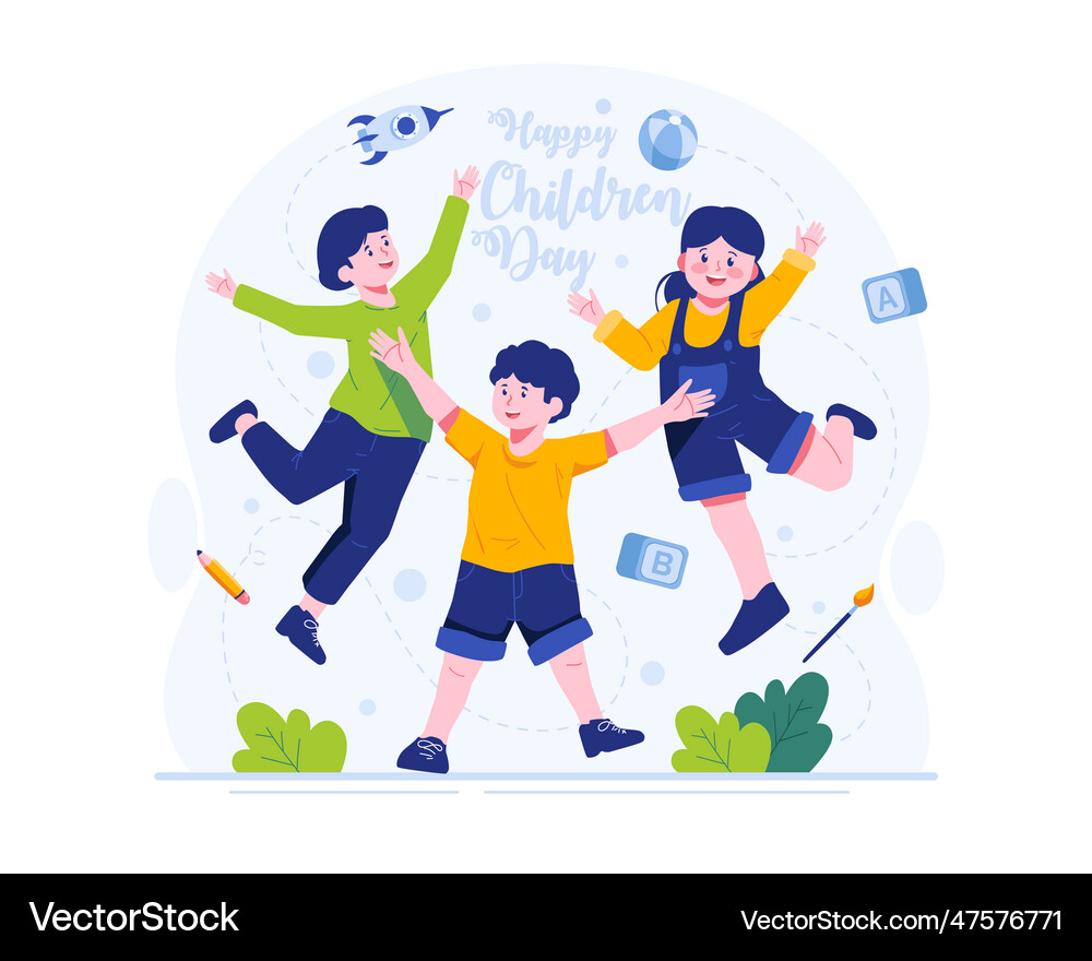 Happy kids jumping with raised hands happiness Vector Image