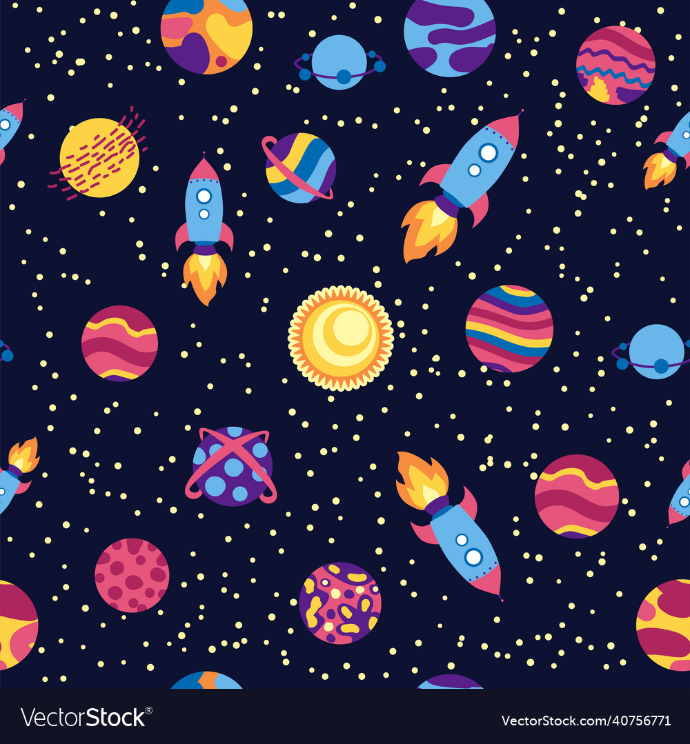 Seamless space pattern planets rockets and stars Vector Image
