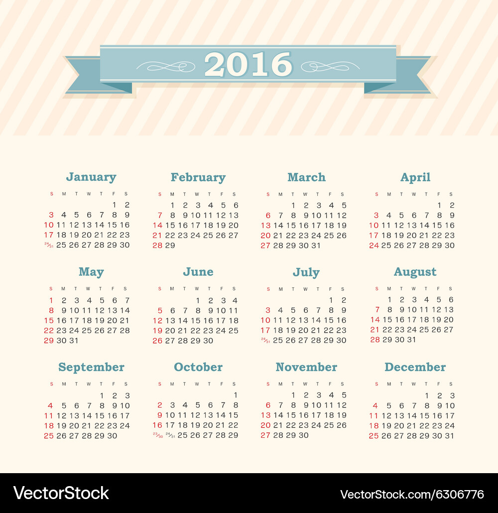 Calendar for 2016 week starts sunday Royalty Free Vector