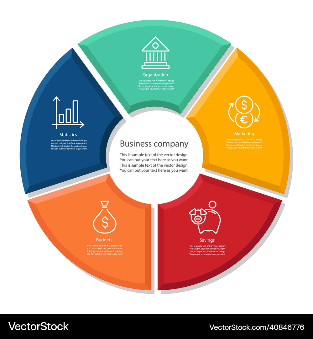 Colorful 5 parts pie graph in modern flat style Vector Image