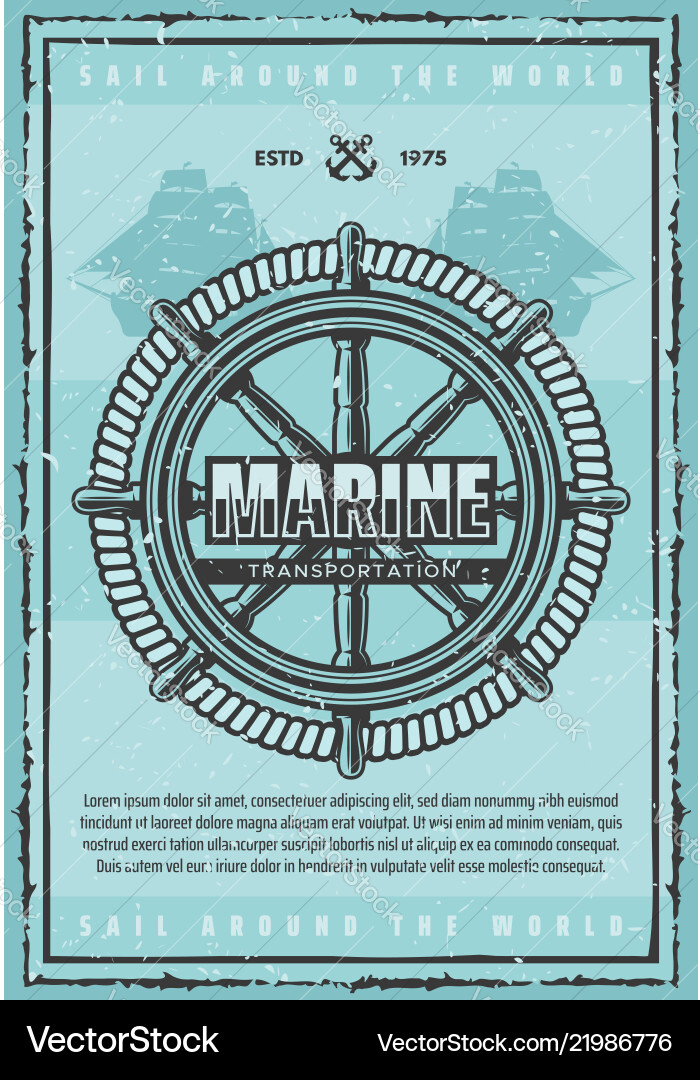 Marine transportation retro poster with big helm Vector Image