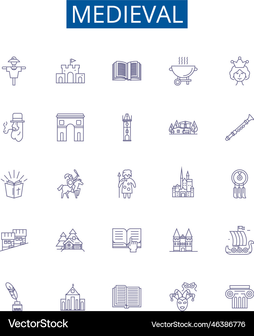 Medieval line icons signs set design collection Vector Image
