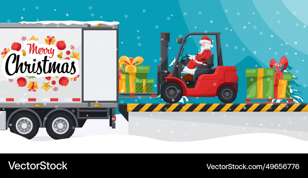 Santa claus driving a forklift loading gifts Vector Image