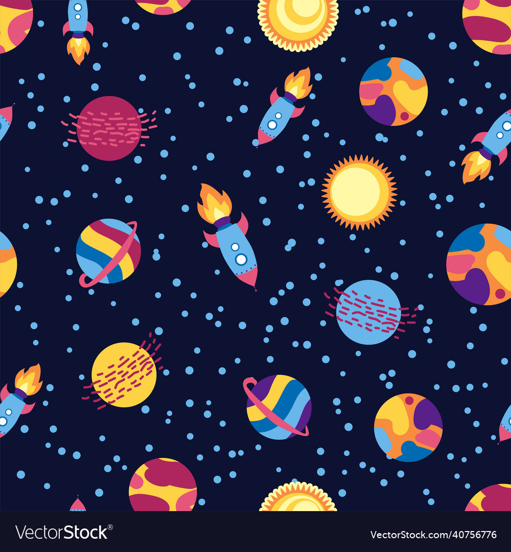 Seamless space pattern planets rockets and stars Vector Image