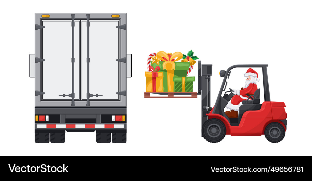 Santa claus driving a forklift loading gifts Vector Image