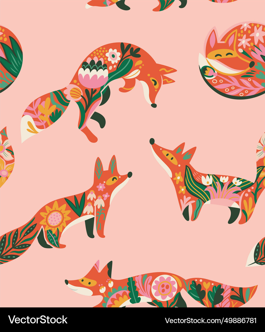 Seamless pattern with sweet red foxes and flowers Vector Image
